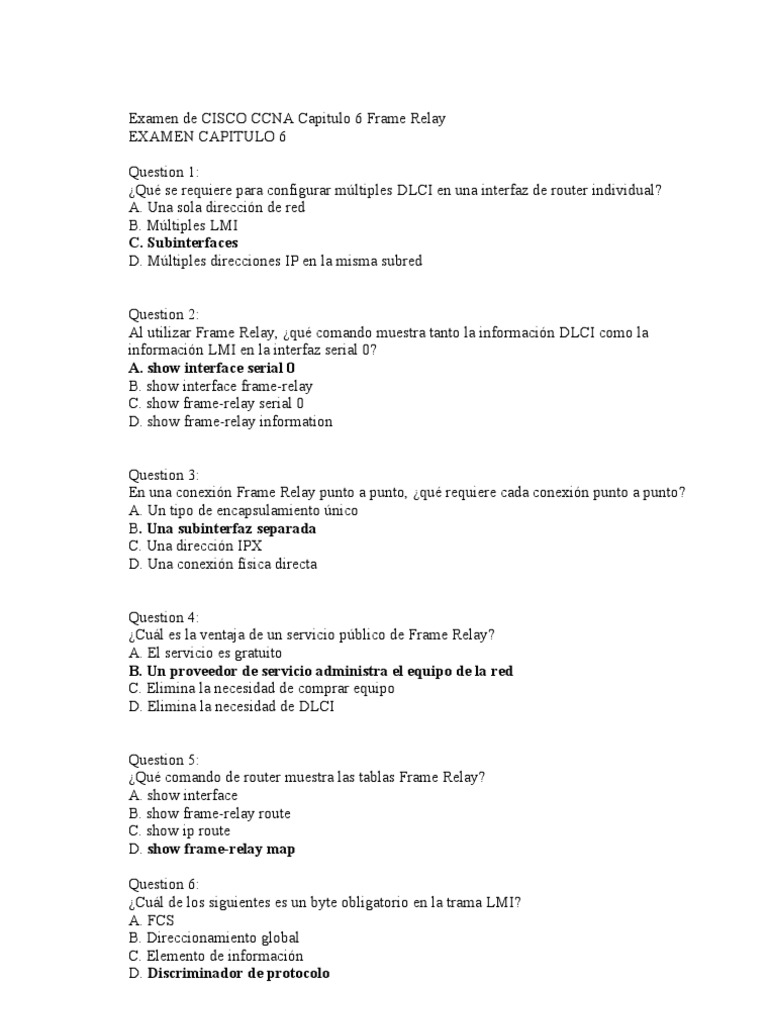 Examen De Cisco Ccna Capitulo 6 Frame Relay Pdf Enrutador