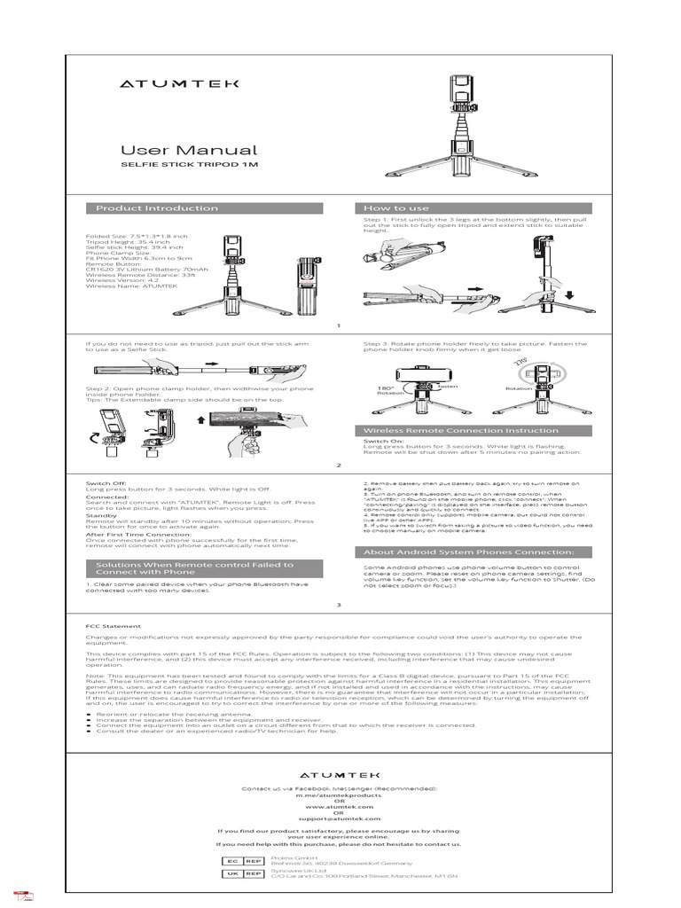 Atumtek Selfie Stick Tripod Manual | PDF | Electromagnetic Interference ...