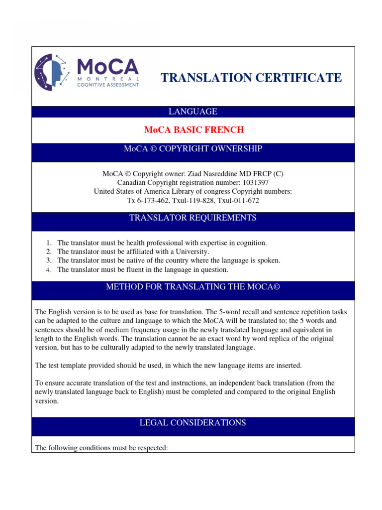 MoCA Translation Certificate - Basic - French | PDF | Translations ...