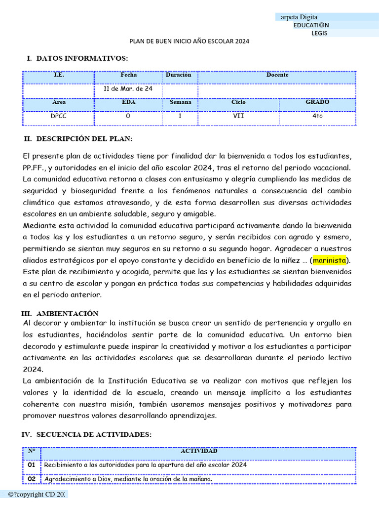 1° SESIÓN - PLAN DE BUEN INICIO - DPCC - 4° | PDF 1° SESIÓN - PLAN DE BUEN INICIO - DPCC - 4° | PDF