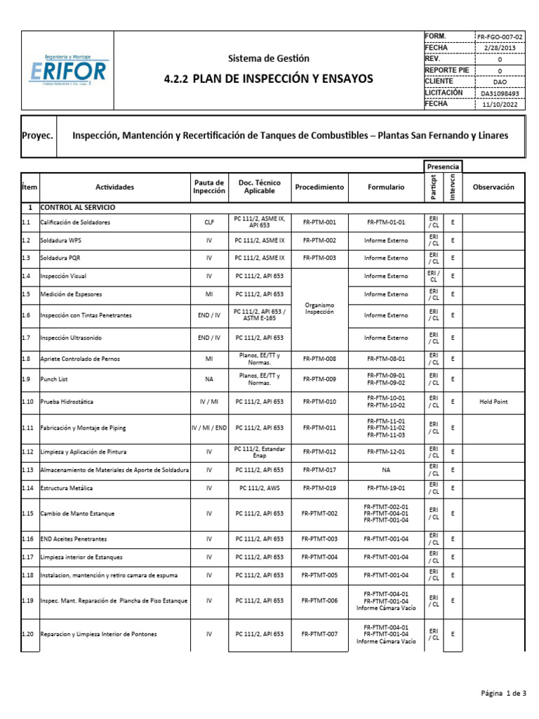 Plan de Inspección DA31098493 | PDF | Ingeniería mecánica