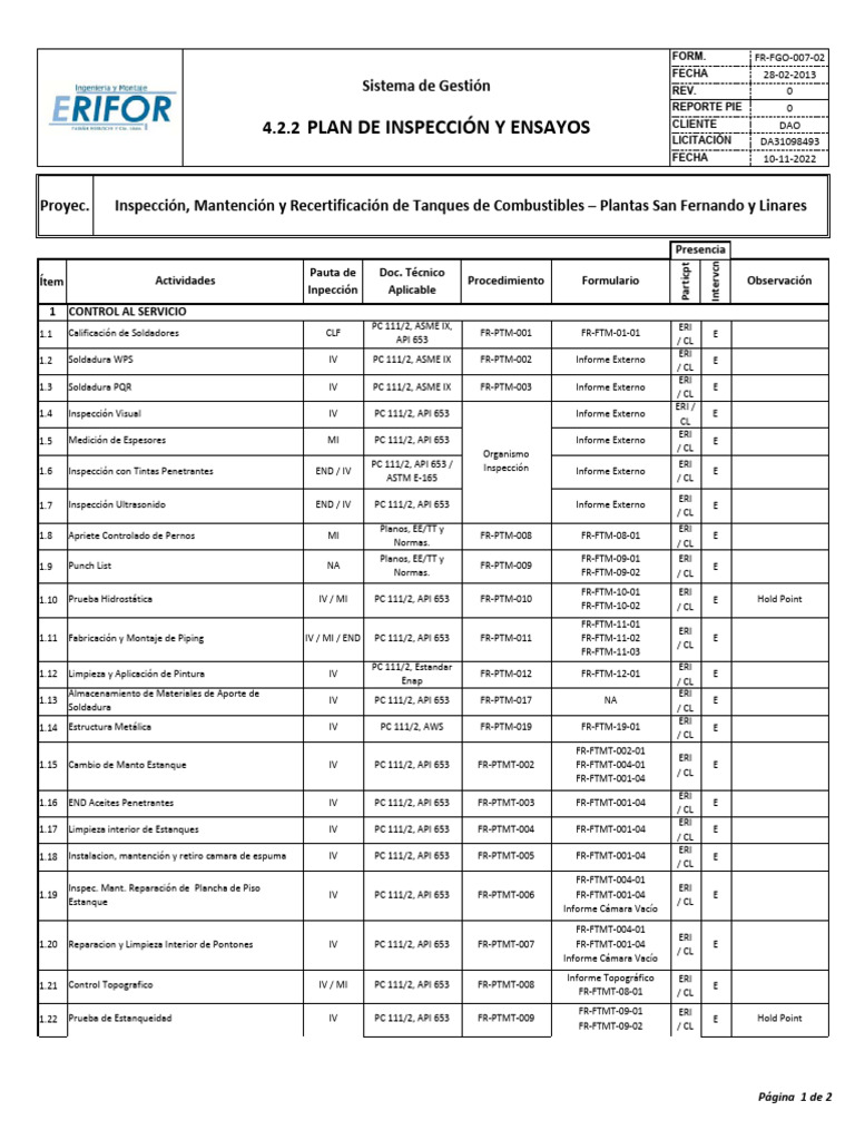 Plan de Inspección DA31098493 | PDF | Ingeniería mecánica