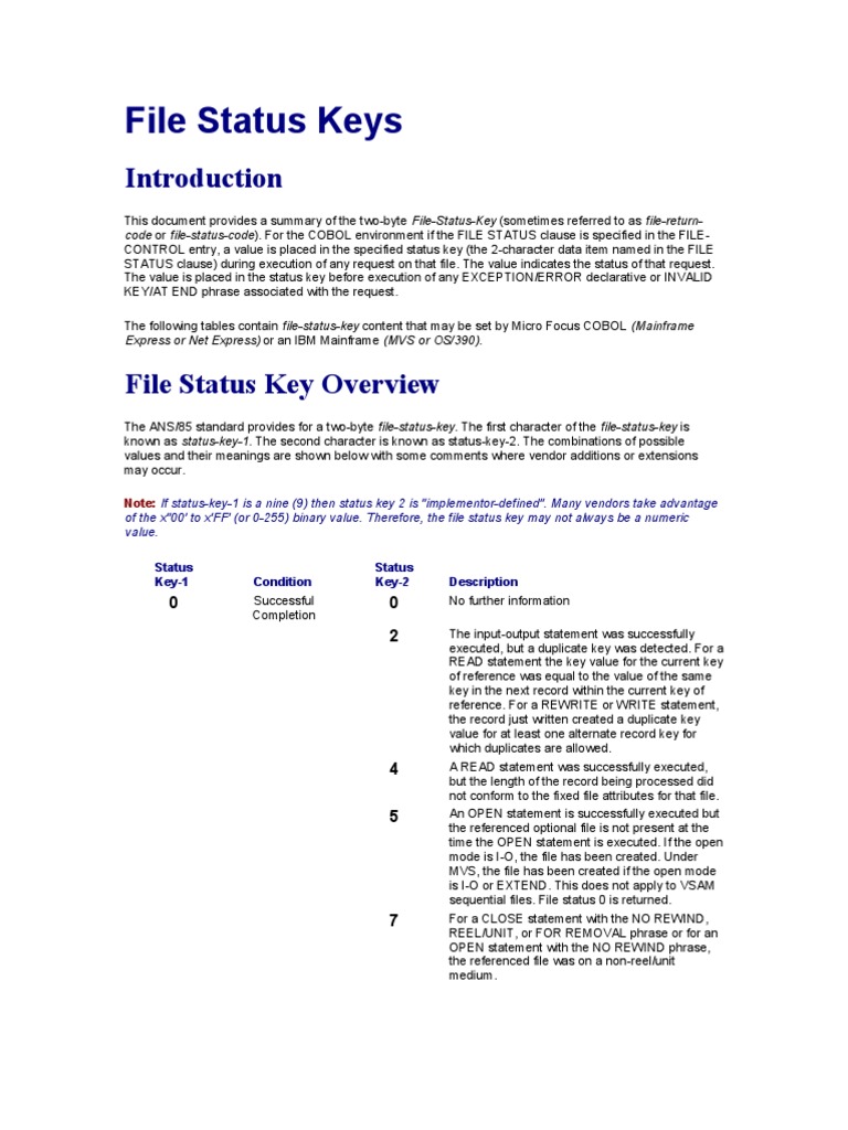 VSAM File Status Keys | PDF | Computer File | File System