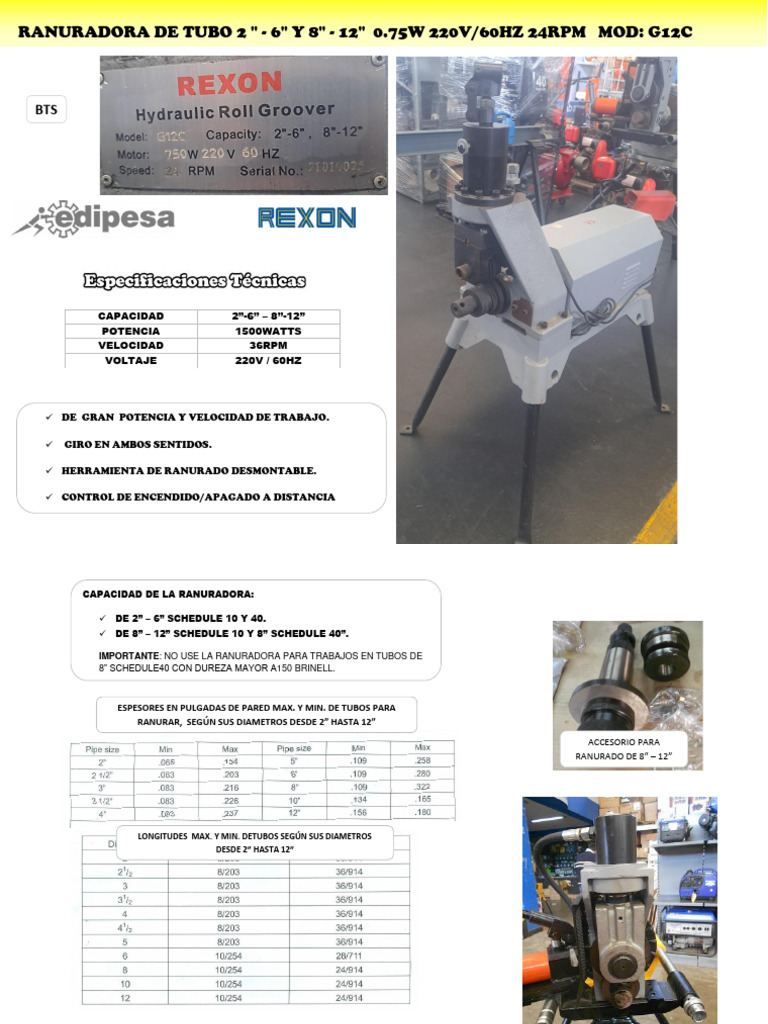 Ranuradora de Tubo 2.5 A 6pulg 8 A 12pulg 750W G12C Rexon BTS1990308 | PDF | Hogar, jardinería y ...