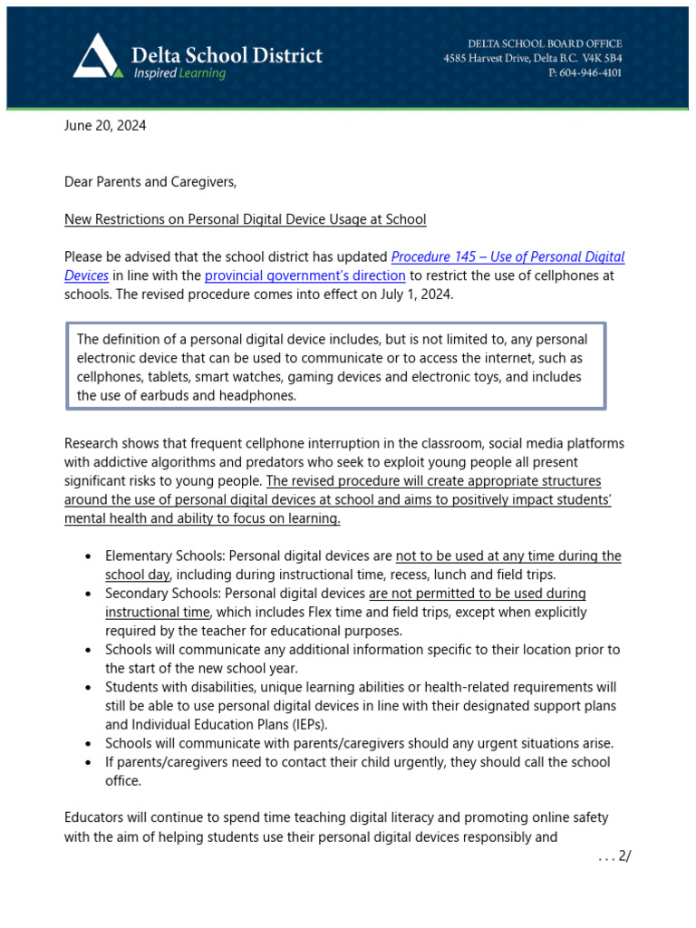 DS Letter Home Personal Digital Devices June 20 2024 | PDF | Schools ...