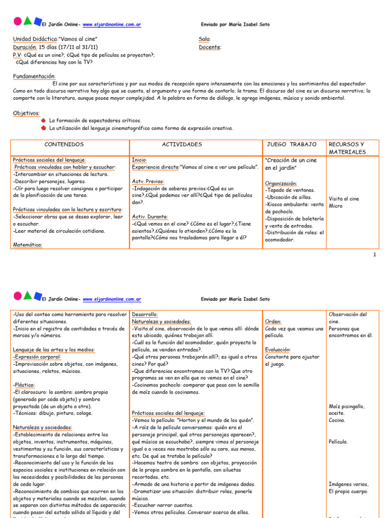 Unidad Didáctica: Vamos al Cine | PDF