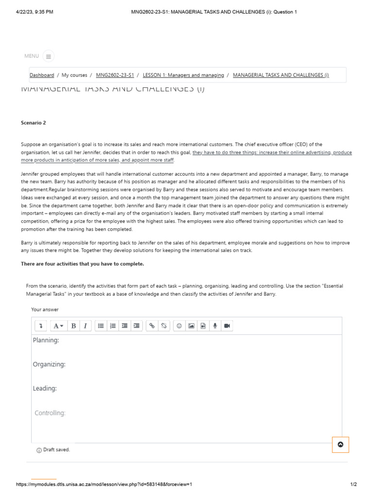Managerial Tasks and Challenges (I) - Question 1 | PDF | Sales ...