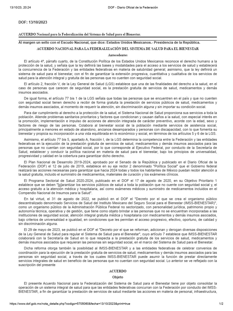 Acuerdo Nacional para La Federalización Del Sistema de Salud para El Bienestar 13 - 10 - 2023 ...