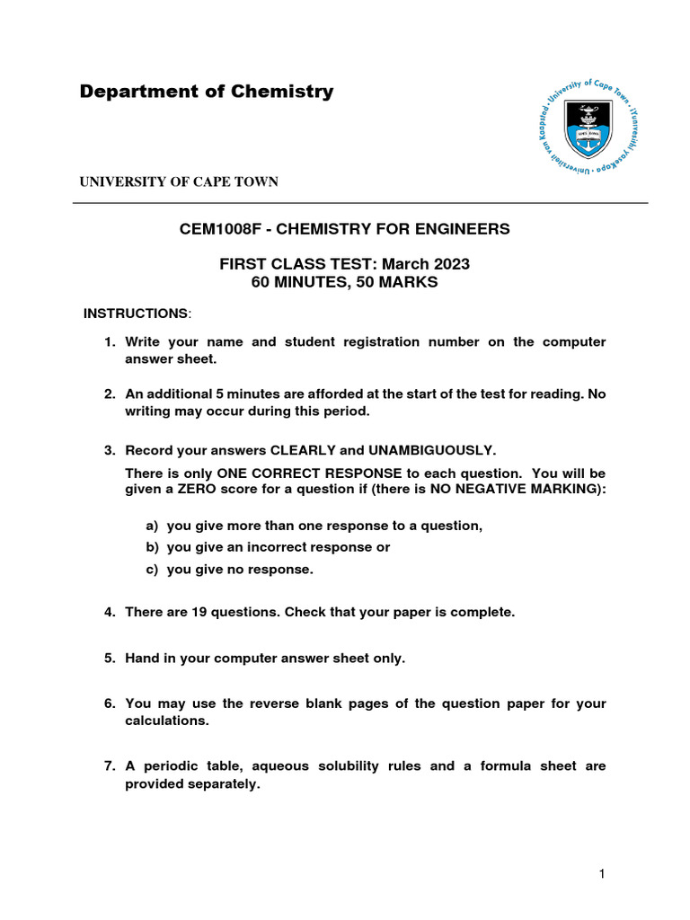 CEM1008F Class Test 1 2023 | PDF | Atomic Orbital | Acid