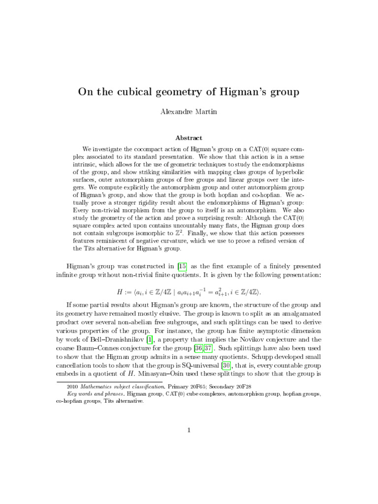 Martin Higman Cubical Duke Revised 2 | PDF | Group (Mathematics) | Vertex (Graph Theory)