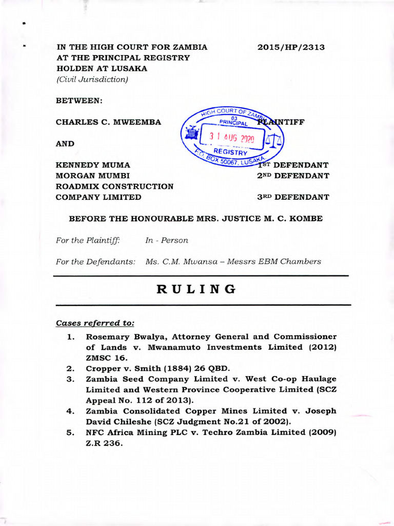 Charles Mweemba V Kennedy Muma & Others | PDF | Ex Parte | Pleading