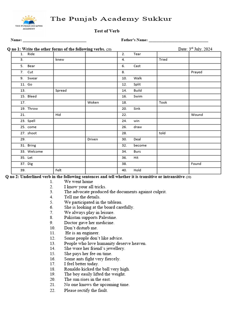Verb test July 2024 | PDF