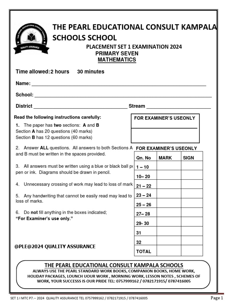 The Pearl MTC P.7 Set 1 2024 Tel 0782171915. 0757999162 | PDF