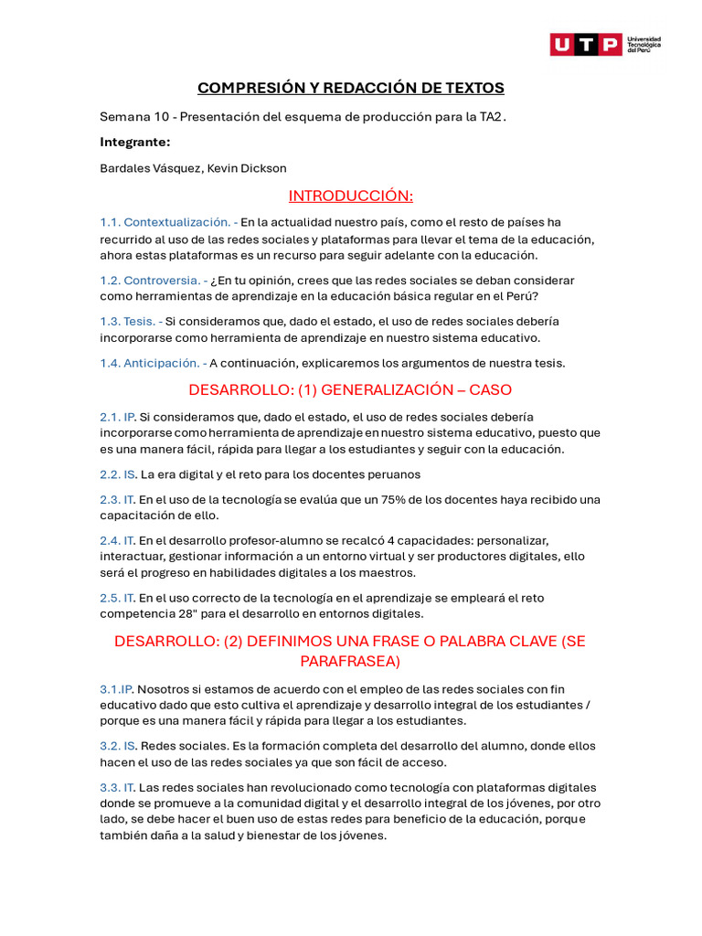 KevinBardales - S10 - T1 - Presentación Del Esquema de Producción para La TA2 | PDF ...