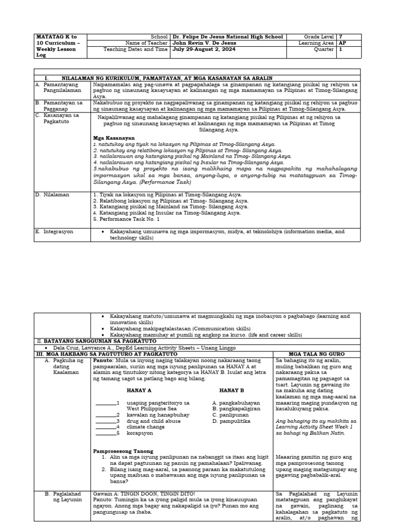 Lesson Exemplar For Matatag LC1 Week 1 | PDF