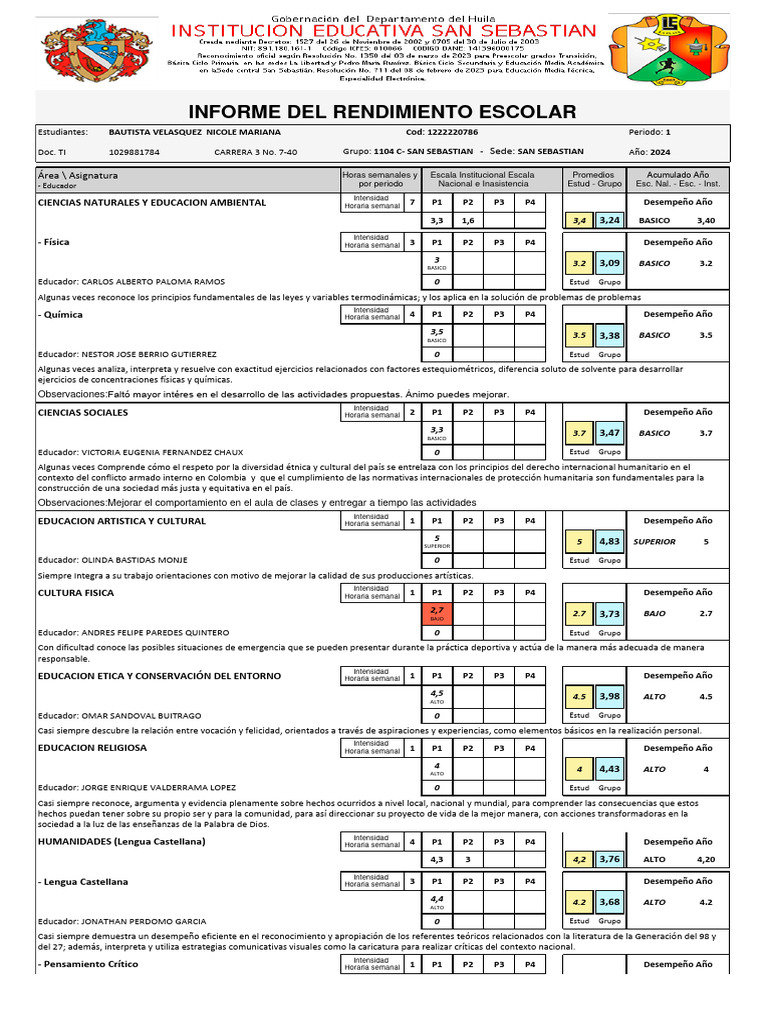 Informe Escolar 2024: Rendimiento de Nicole Bautista | PDF