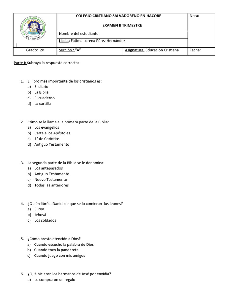 Examen de Educación Cristiana Ii Trimestre | PDF