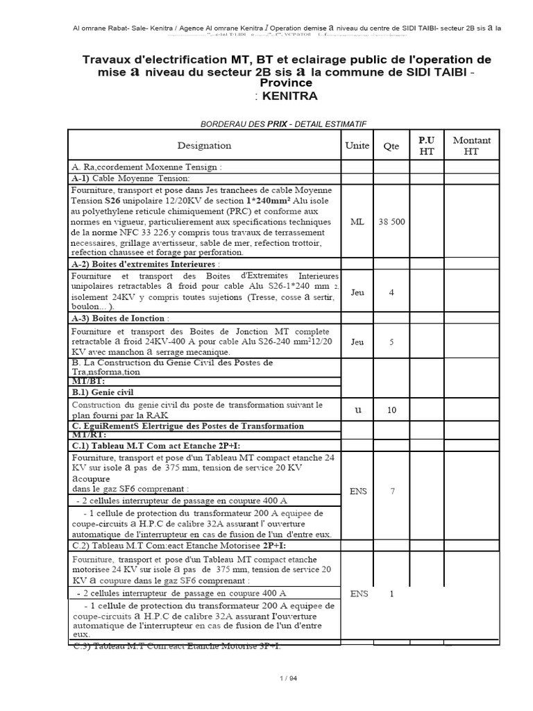 Electrification et Génie Civil à Sidi Taibi | PDF | Composant ...