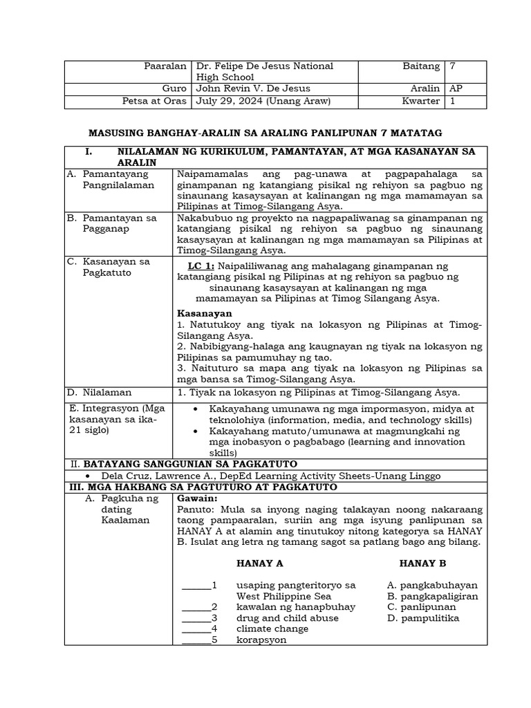 Masusing-Banghay-Aralin-sa-MATATAG-AP7-Unang-Araw | PDF