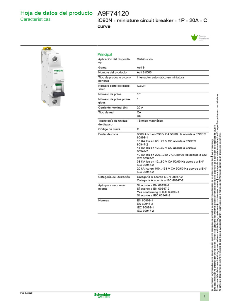 Interruptor Automatico Acti 9 Ic60 - 1x20a - A9F74120 | PDF | Residuos | Ingenieria Eléctrica
