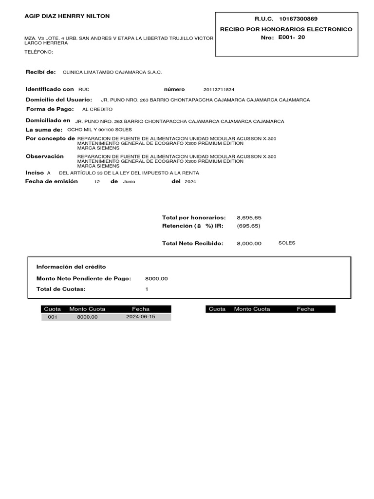 Recibo Por Honorarios Clinica Limatambo | PDF