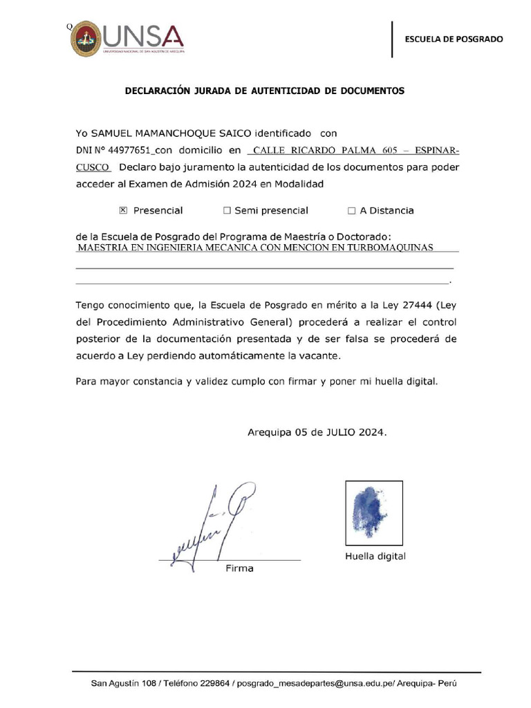 DECLARACION JURADA DE AUTENTICIDAD DE DOCUMENTOS 2024 - Page 0001 | PDF