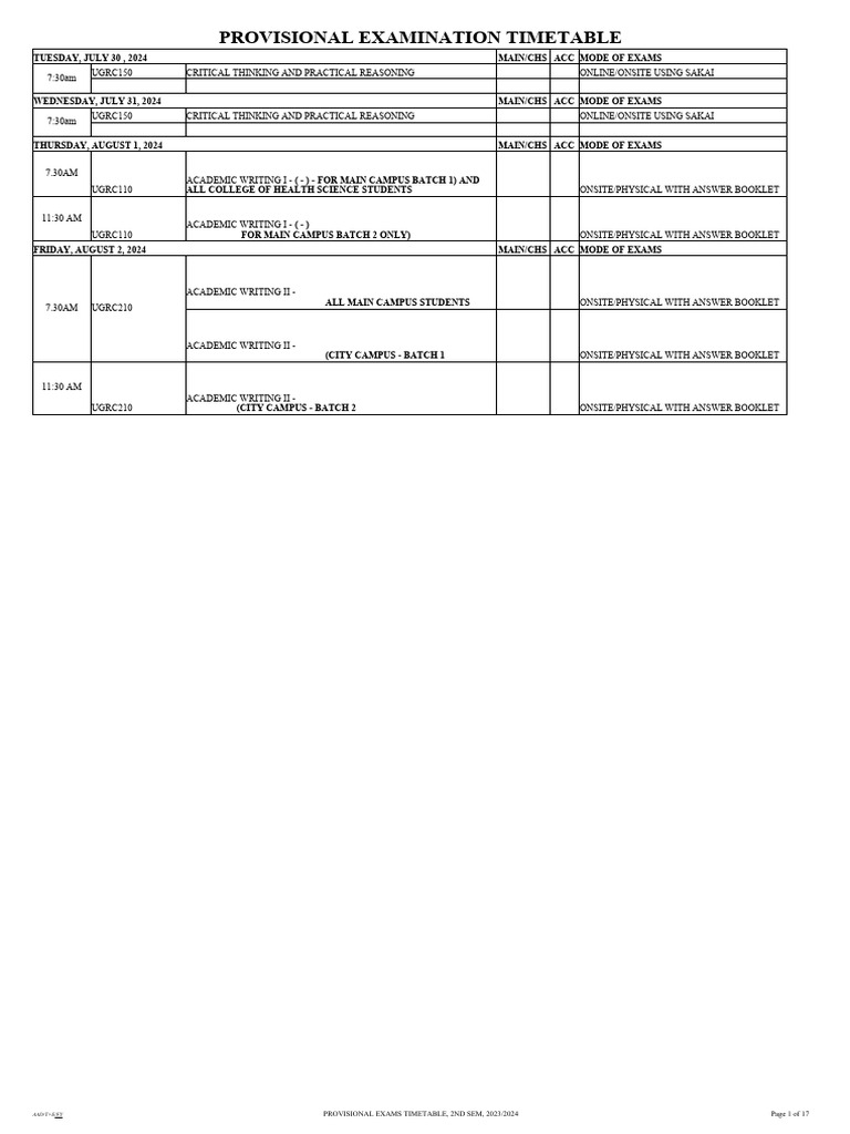 Provisional Examinations Timetable - Second Semester, 2023.2024 - Level ...