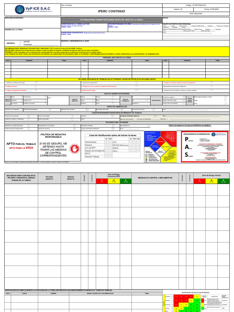 VP-SE-PR02-F03 IPERC CONTINUO - v00 | PDF | Radiación | Higiene Ocupacional