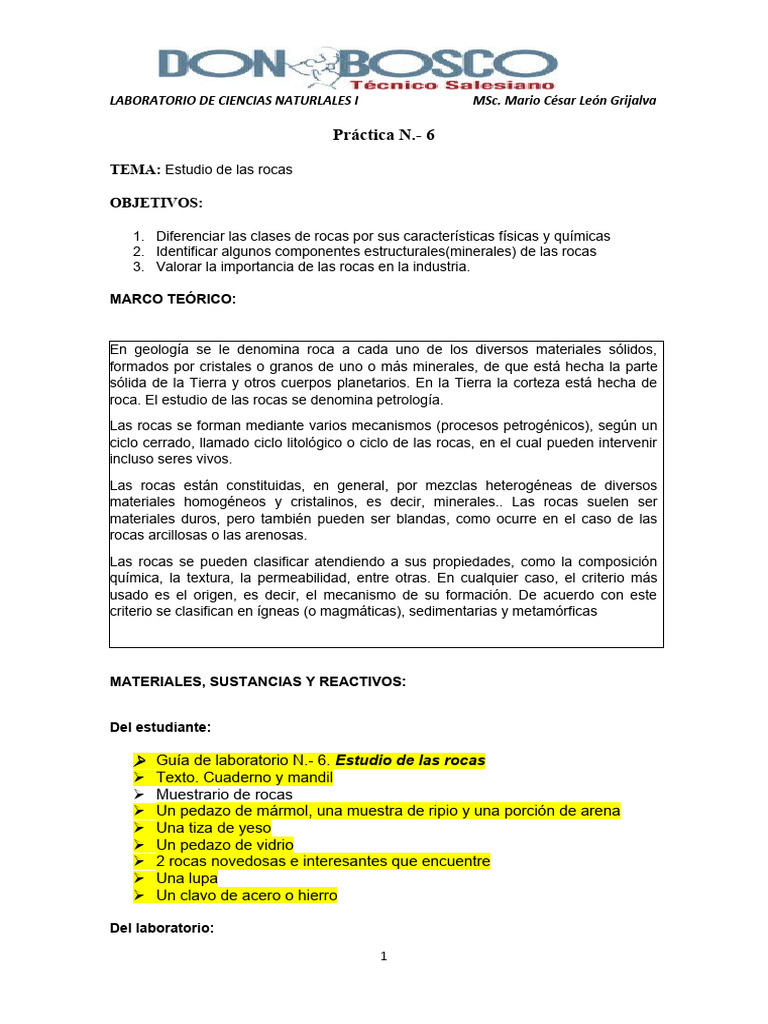 Práctica N. - 5 Estudio de Las Rocas-1 | PDF | Roca (geología) | Geología