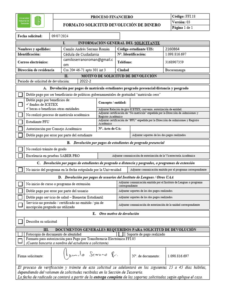 Ffi.18 Formato Solicitud Devolucion de Dinero | PDF | Documento de identidad
