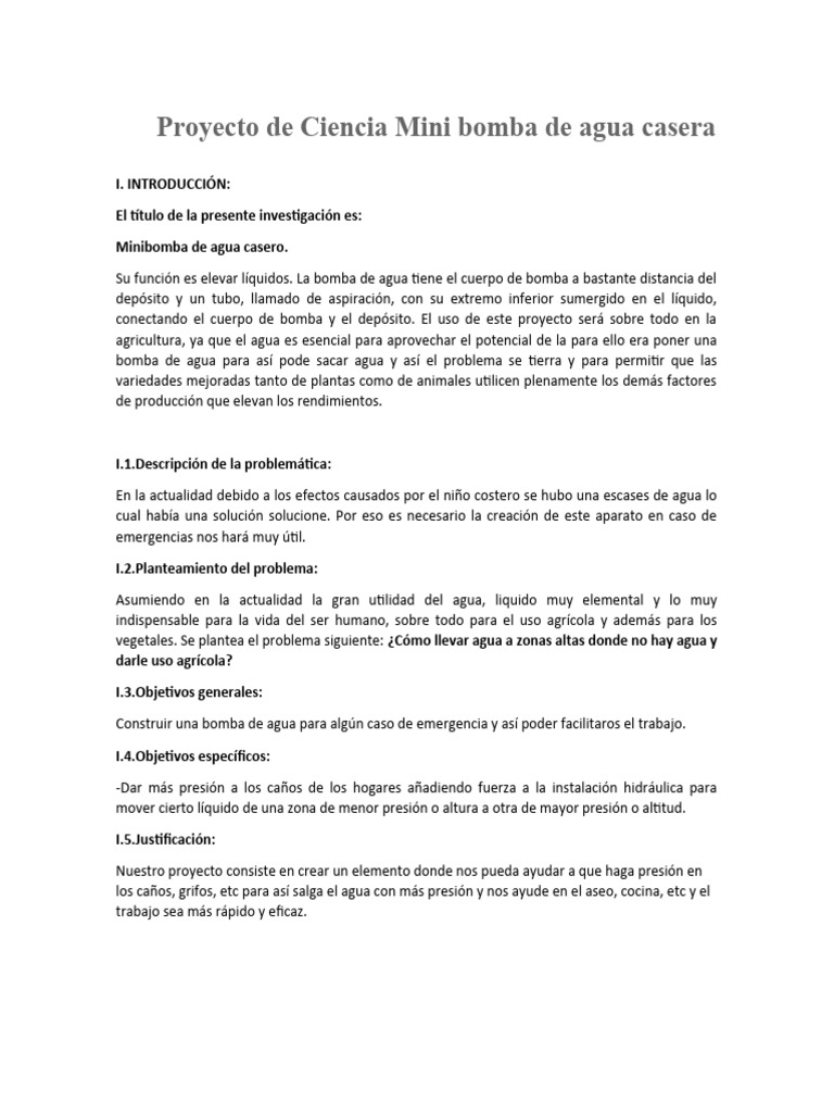 Proyecto de Ciencia Mini Bomba de Agua Casera | PDF | Agua | Bomba