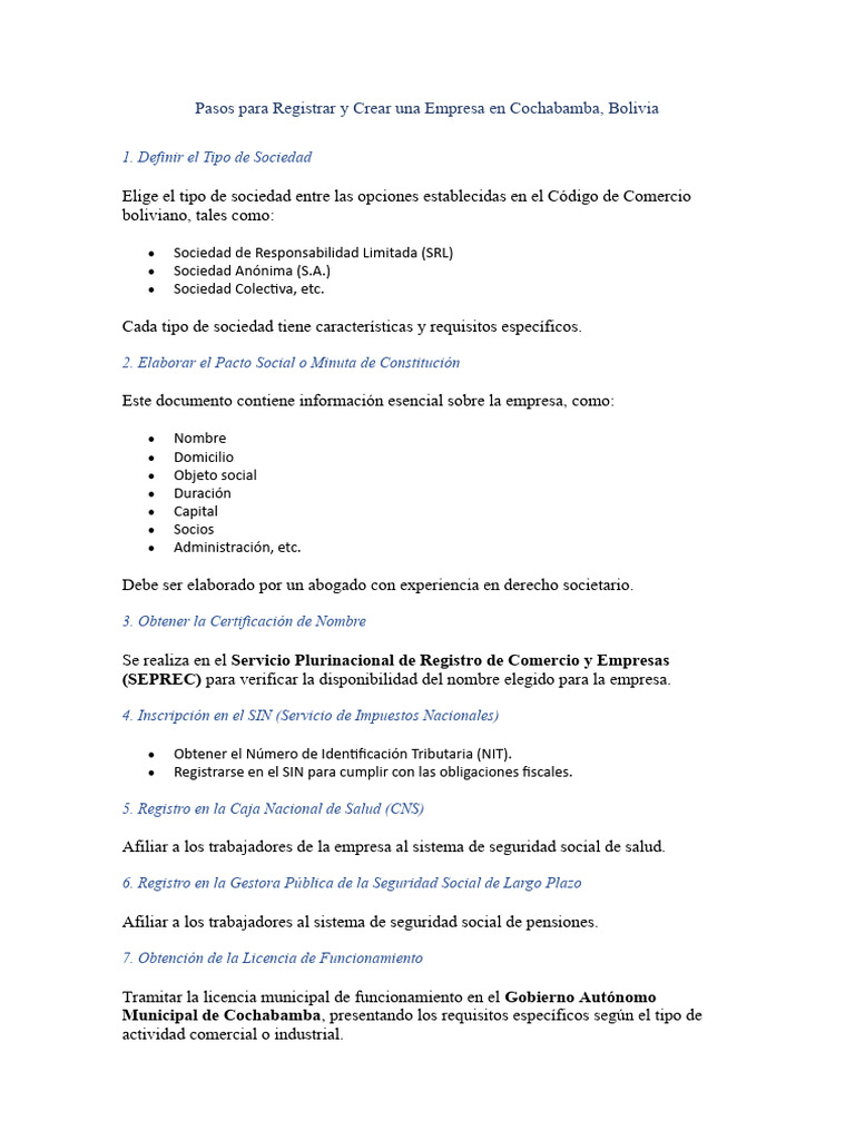 Pasos para Registrar y Crear Una Empresa en Cochabamba, Bolivia | PDF ... Pasos para Registrar y Crear Una Empresa en Cochabamba, Bolivia | PDF ...
