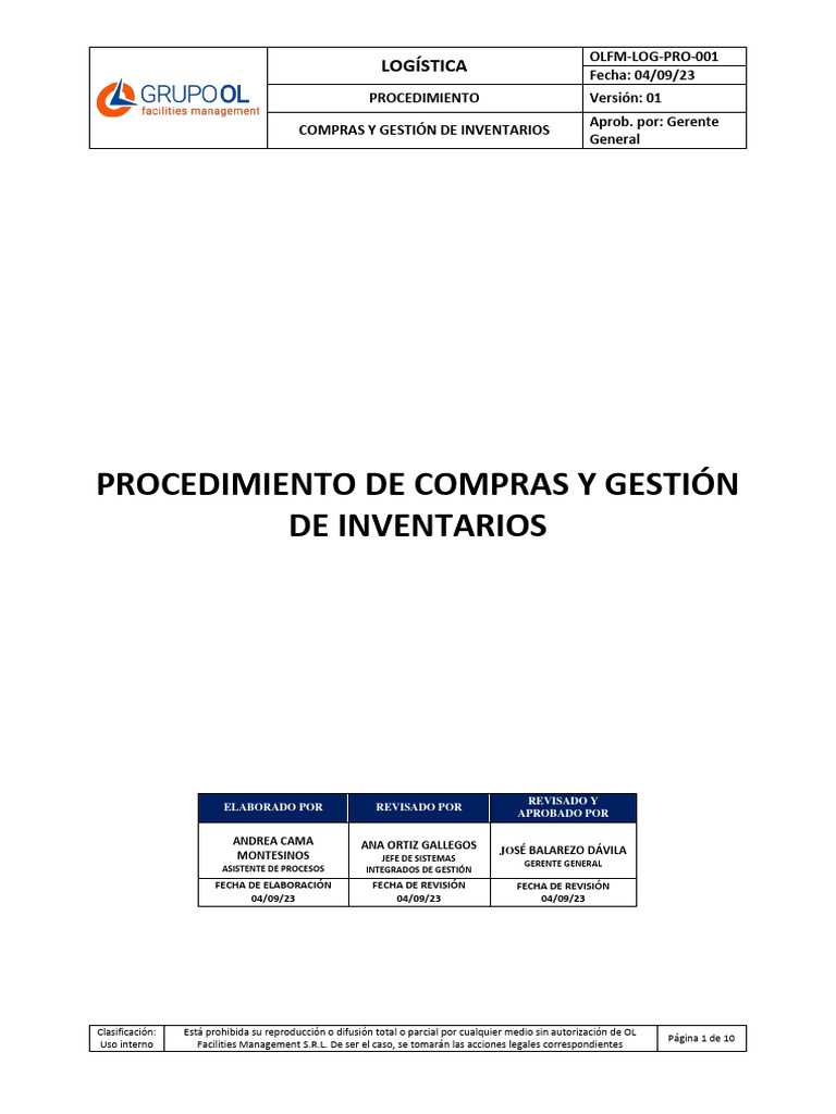OLFM-LOG-PRO-001 Procedimiento de Compras y Gestión de Inventarios Rev.0... | PDF | Logística ...