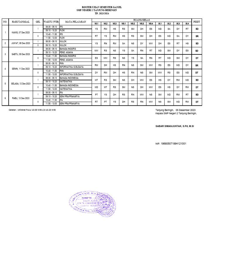 ROSTER UJIAN SEMESTER GANJIL TP. 2023-2024 | PDF