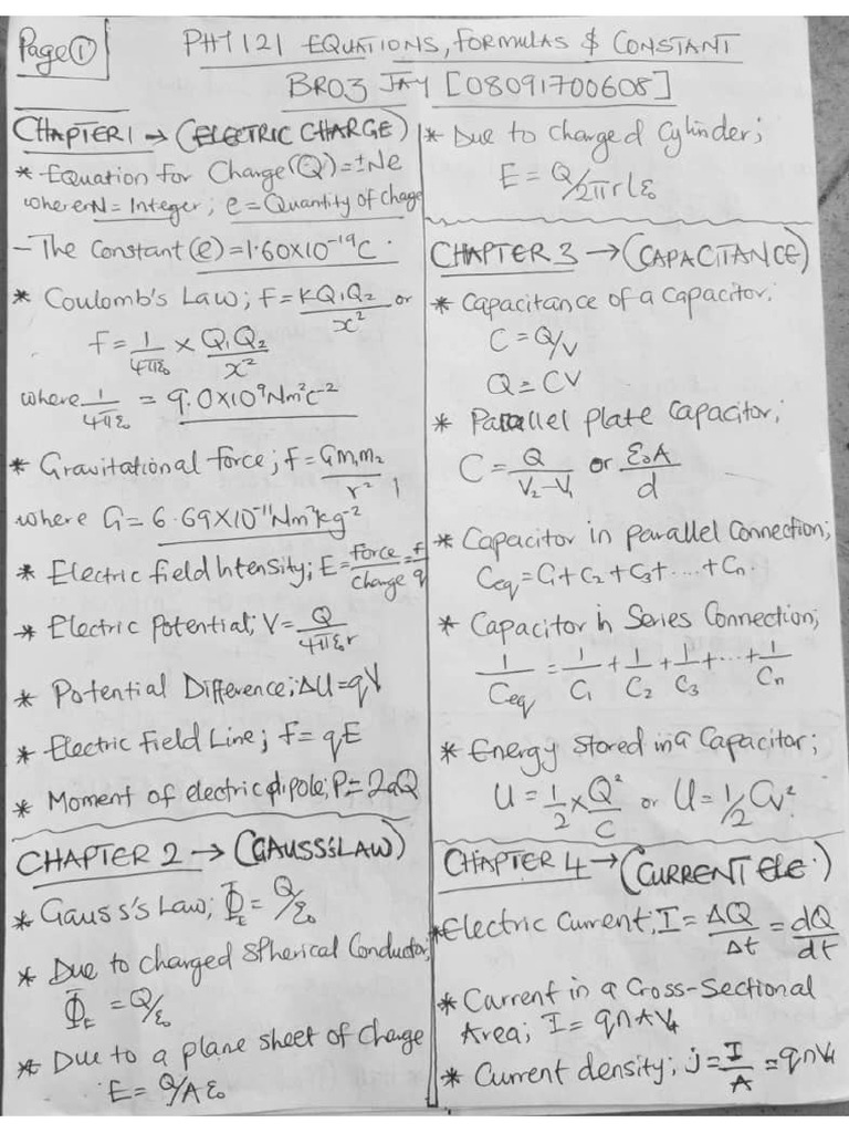 Physics 121 Formulas | PDF