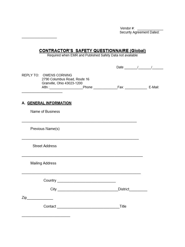 Contractor Safety Questionnaire (Global) - 1 | PDF | Safety