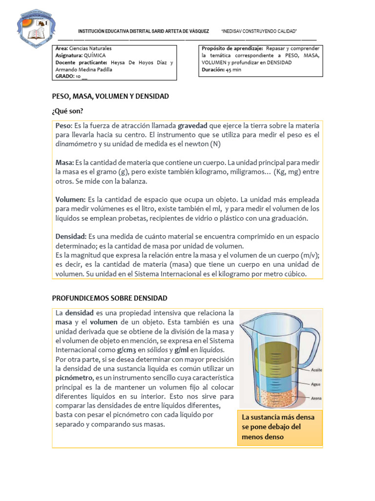 Sesión de Aprendizaje Peso, Masa y Densidad 10 A y B | PDF | Peso ...