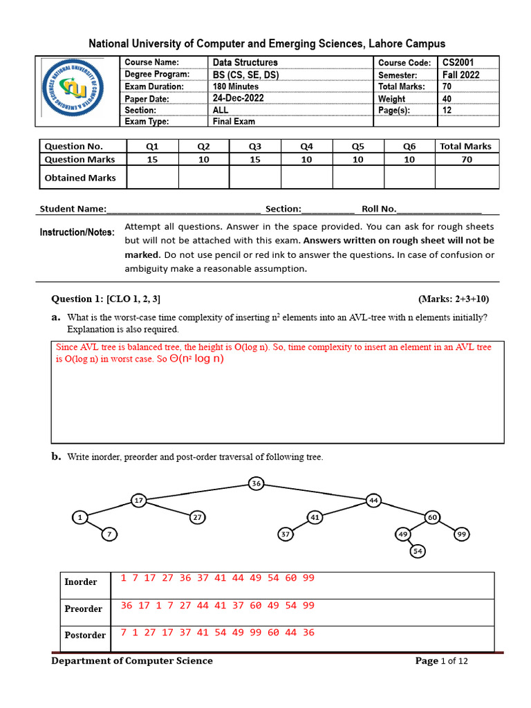 DS Final Fall 2022 - Solution | PDF | Algorithms And Data Structures | Computer Programming