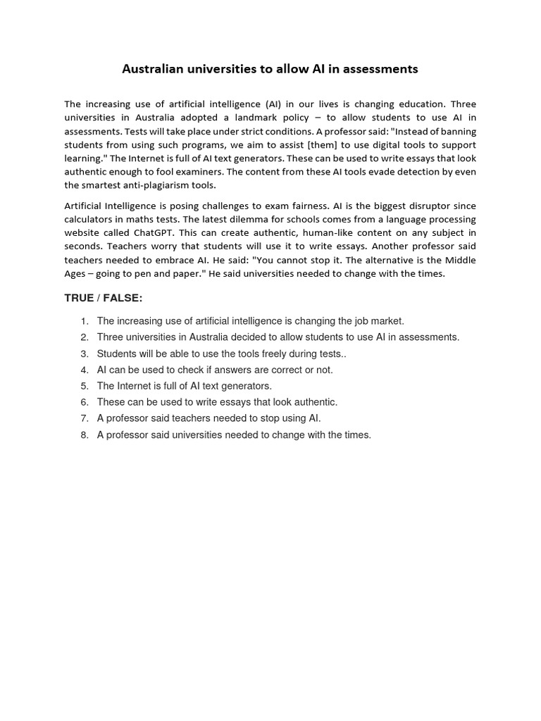 Australian Universities Embrace AI in Assessments | PDF