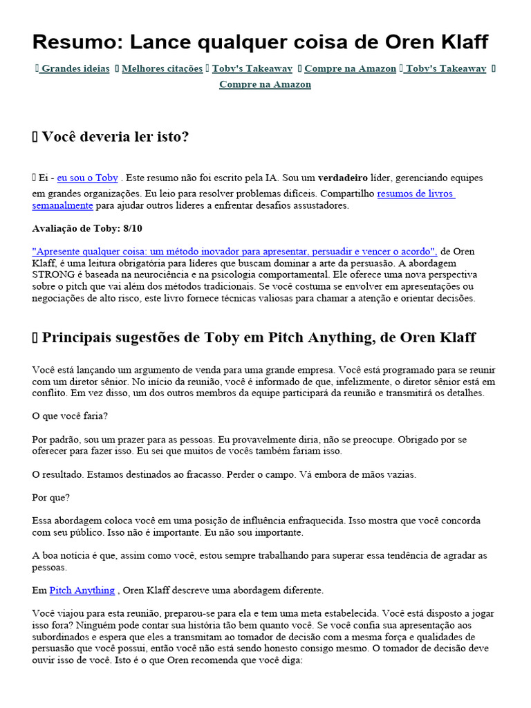 Resumo de "Pitch Anything" de Oren Klaff | PDF | Moralidade | Cérebro