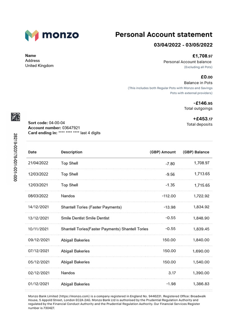 Monzo Bank Statements | PDF | Financial Services | Banking