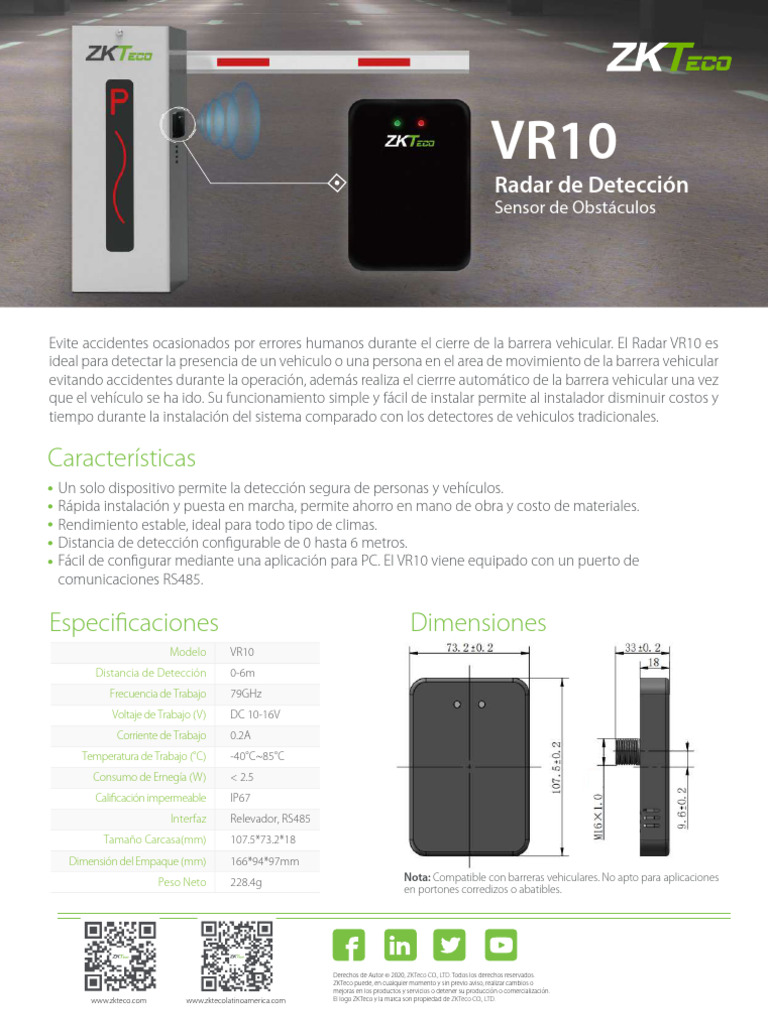 VR10 Ficha Tecnica Zkteco Colombia | PDF | Ingenieria Eléctrica