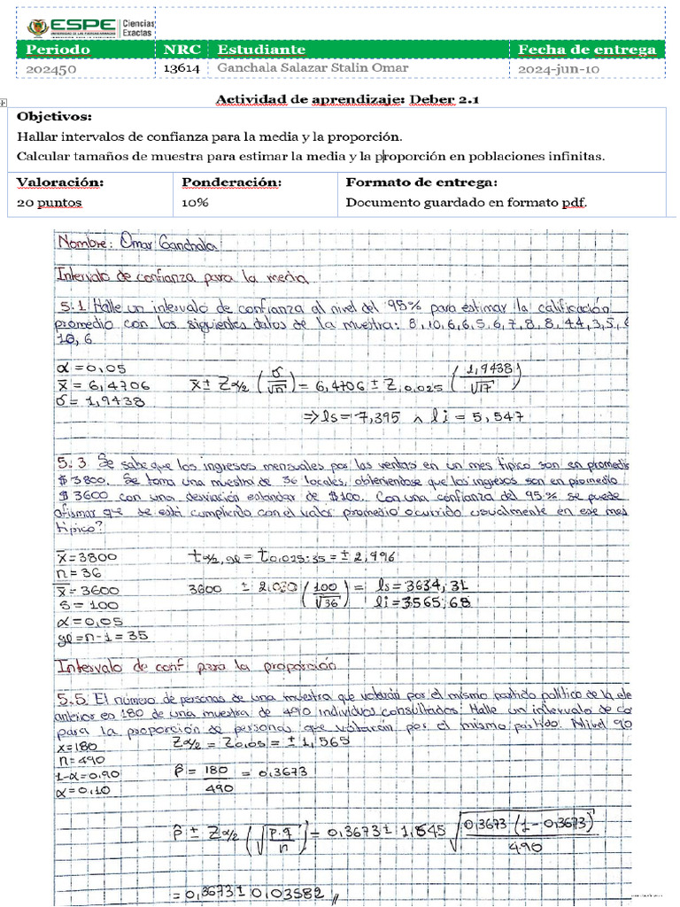 Deber2.1 Intconf Muestreo-N-infinita 13614 GanchalaOmar | PDF