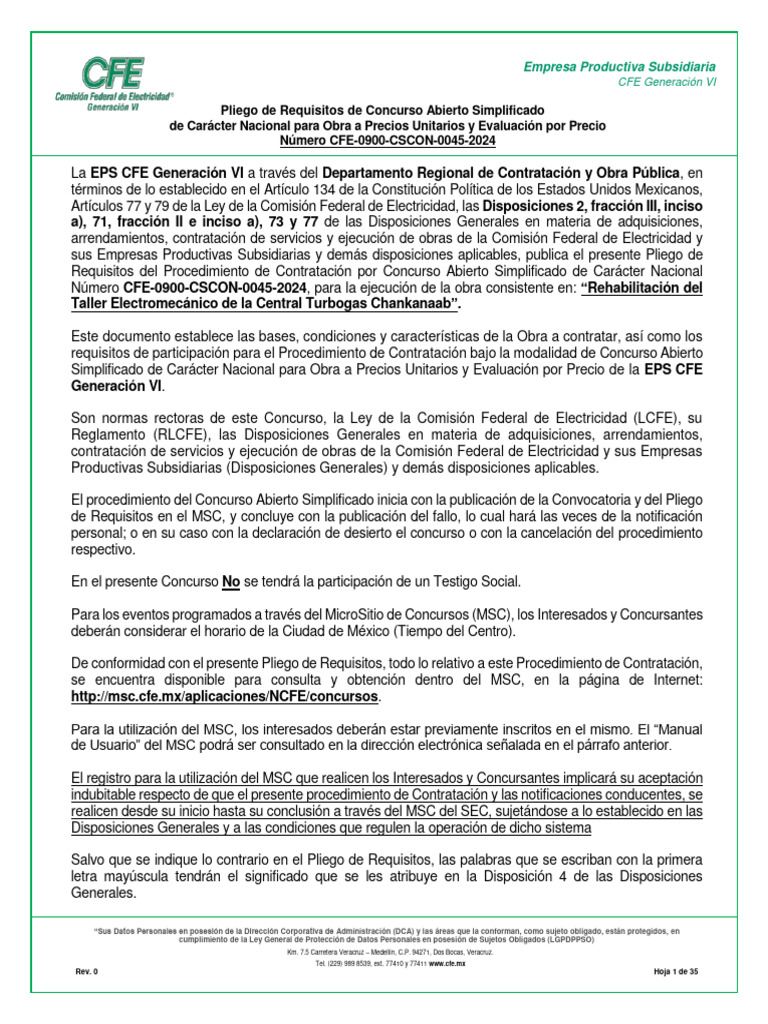 Pliego de Requisitos CFE-0900-CSCON-0045-2024 | PDF | Contabilidad ...