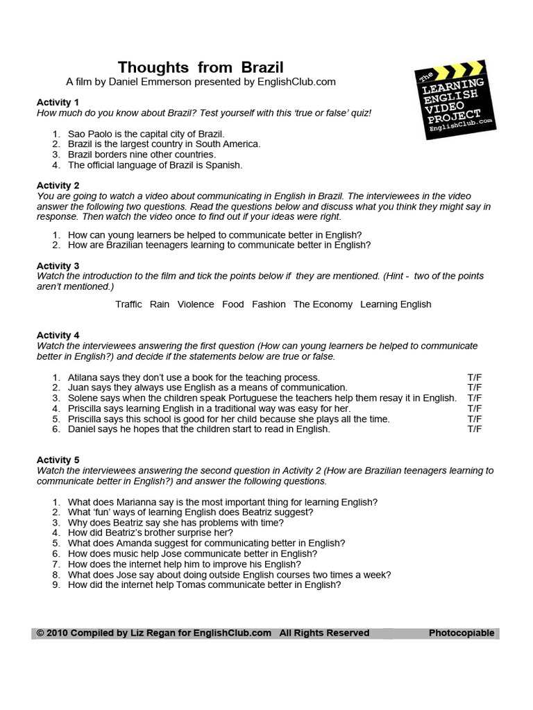 Brazil Class Worksheet | PDF | Learning | English Language