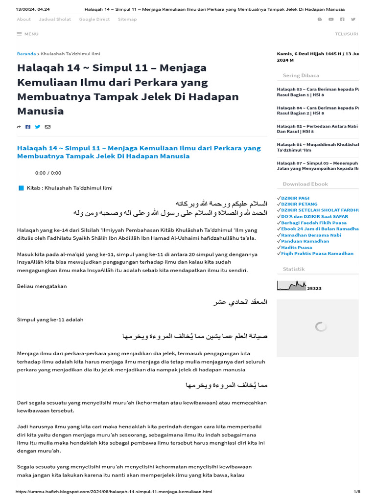 Halaqah 14 Simpul 11 - Menjaga Kemuliaan Ilmu Dari Perkara Yang Membuatnya Tampak Jelek Di ...