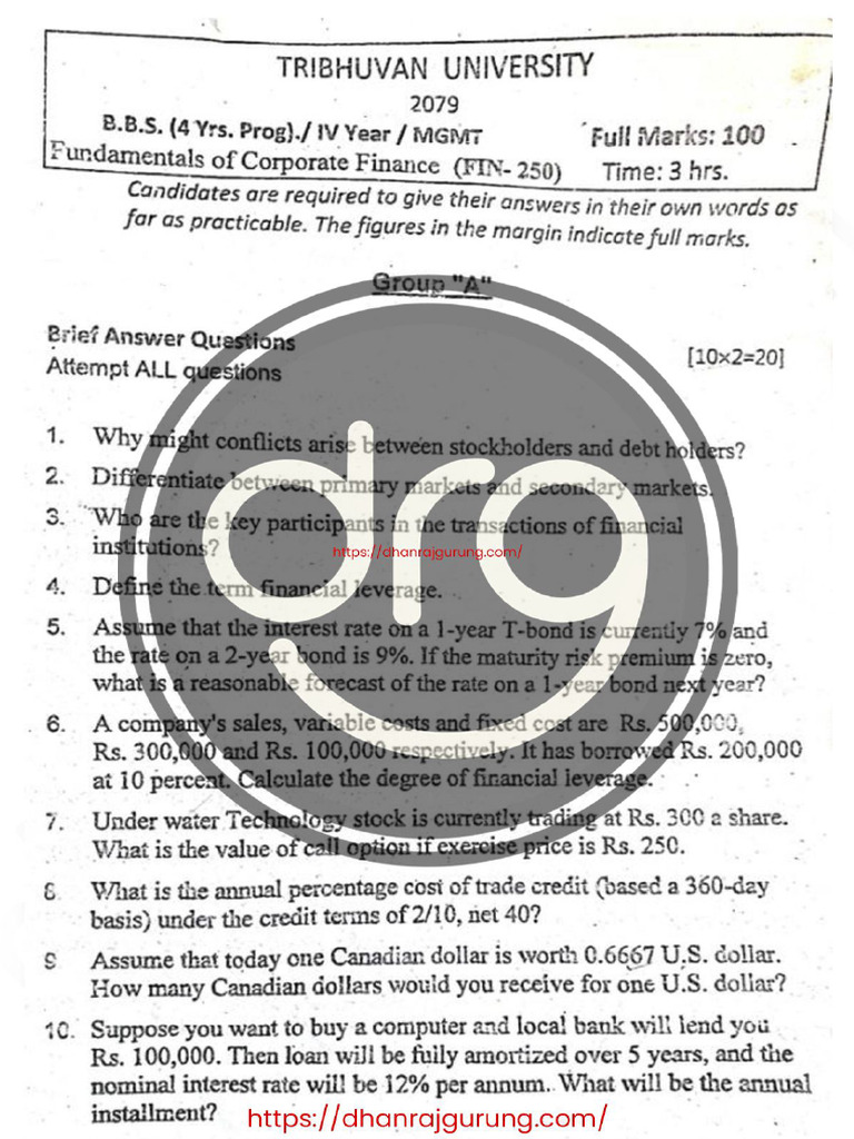 Fundamental of Corporate Finance Question Paper 2079 TU BBS 4th Year | PDF