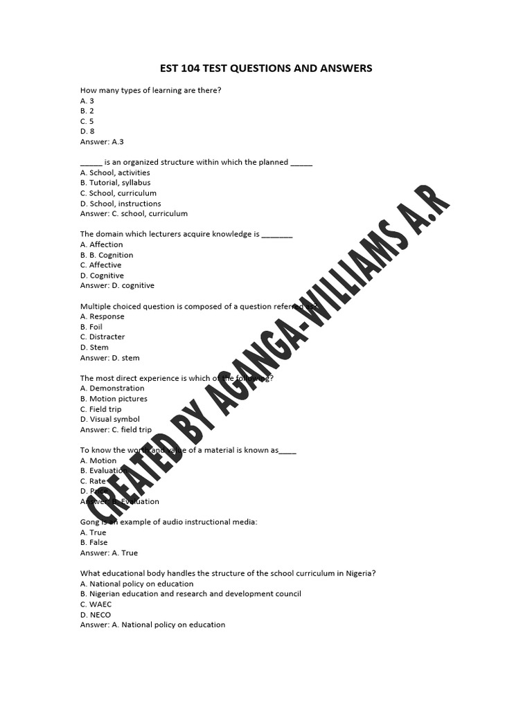 Est 104 Test Questions and Answers by Aganga-Williams A.R | PDF ...