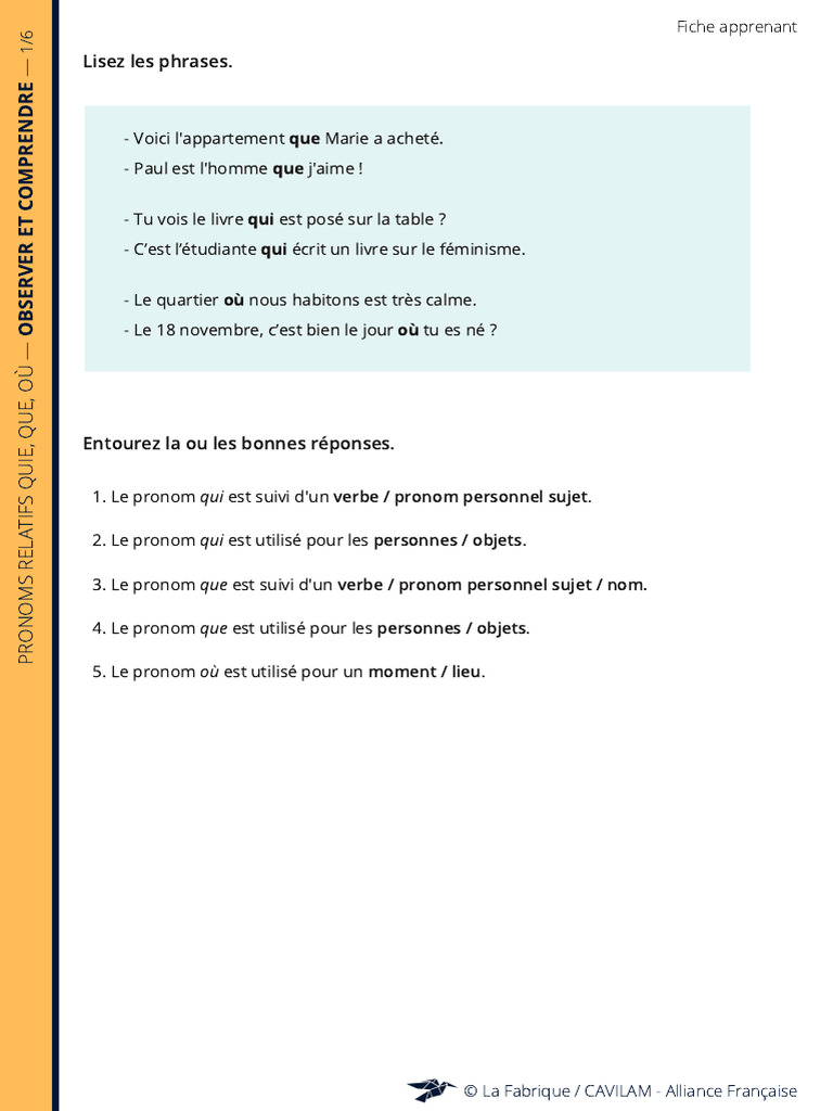 A2 4 - FLG - Pronoms Relatifs Qui Que Ou - 2 - Fiche Apprenant | PDF ...