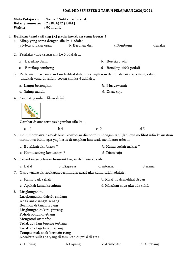 PTS KELAS 2 (Tema 5 Subtema 3 dan 4) | PDF